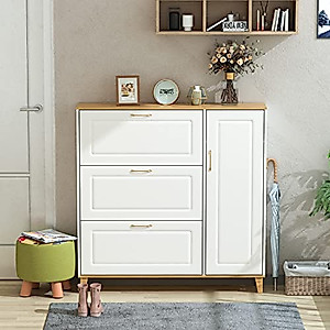 AIEGLE Shoe Cabinet with 3 Flip Drawers & Locker, Floor Shoe Storage Organizer Wood Shoe Rack for Entryway Halloway Living Room, White (3 Flip Drawers & Locker)