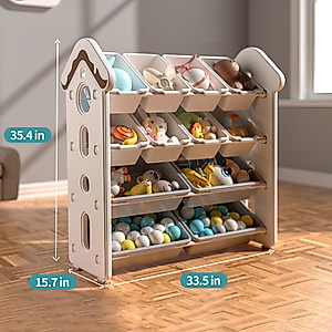 UNICOO Kids 4-Tier Toy Storage Organizer, Toy Organizer Shelf, Fun Candy House Design, Toy Shelves Organizer with 12 Bins, Toy Organizer Rack Durable and Safe HDPE Material