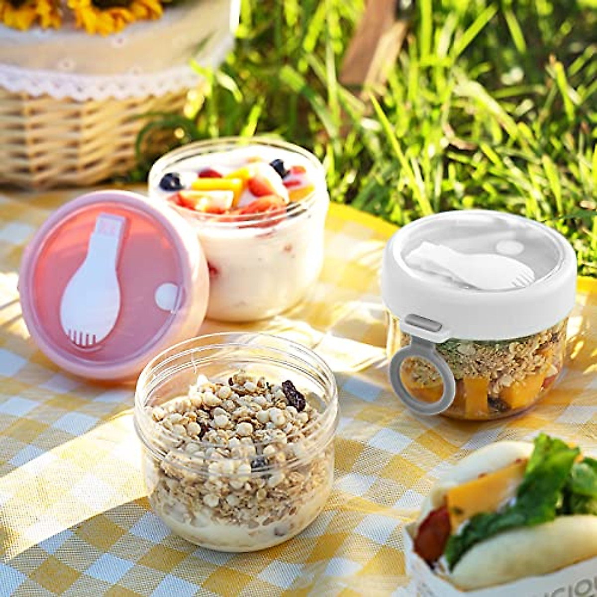 Overnight Oat Containers with Lids and Spoons 2PCS, 20oz Portable Plastic Yogurt Jars, Leak-proof Large Capacity Dessert Cups for Yogurt Breakfast On The Go Cups, Oatmeal Jars Snack Containers