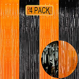 EUFARS Foil Fringe Curtains-4 Pack of 3.2x8.2ft Orange Black Foil Fringe Curtains for Birthday Halloween Photo Backdrop Party Decorations, Orange and Black Party Streamers for Photo Booth Props