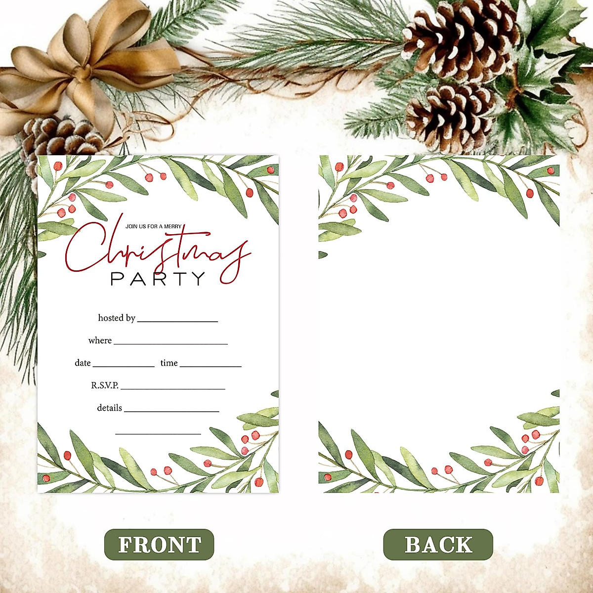 Whaline 25 Pack Christmas Party Invitation Cards Holly Greenery Watercolor Leaves&Berries Invitation Paper Cards with Envelopes Xmas Holiday Party Invites