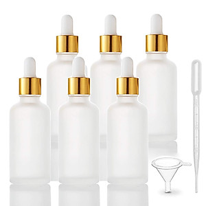 6 Pack,Frosted Glass Dropper Bottle for Essential Oils,Empty Glass Liquid Holder With Glass Eye Dropper,Golden Caps Travel Perfume Cosmetic Container-Pipette&Funnel included (50ml/1.7 fl oz)