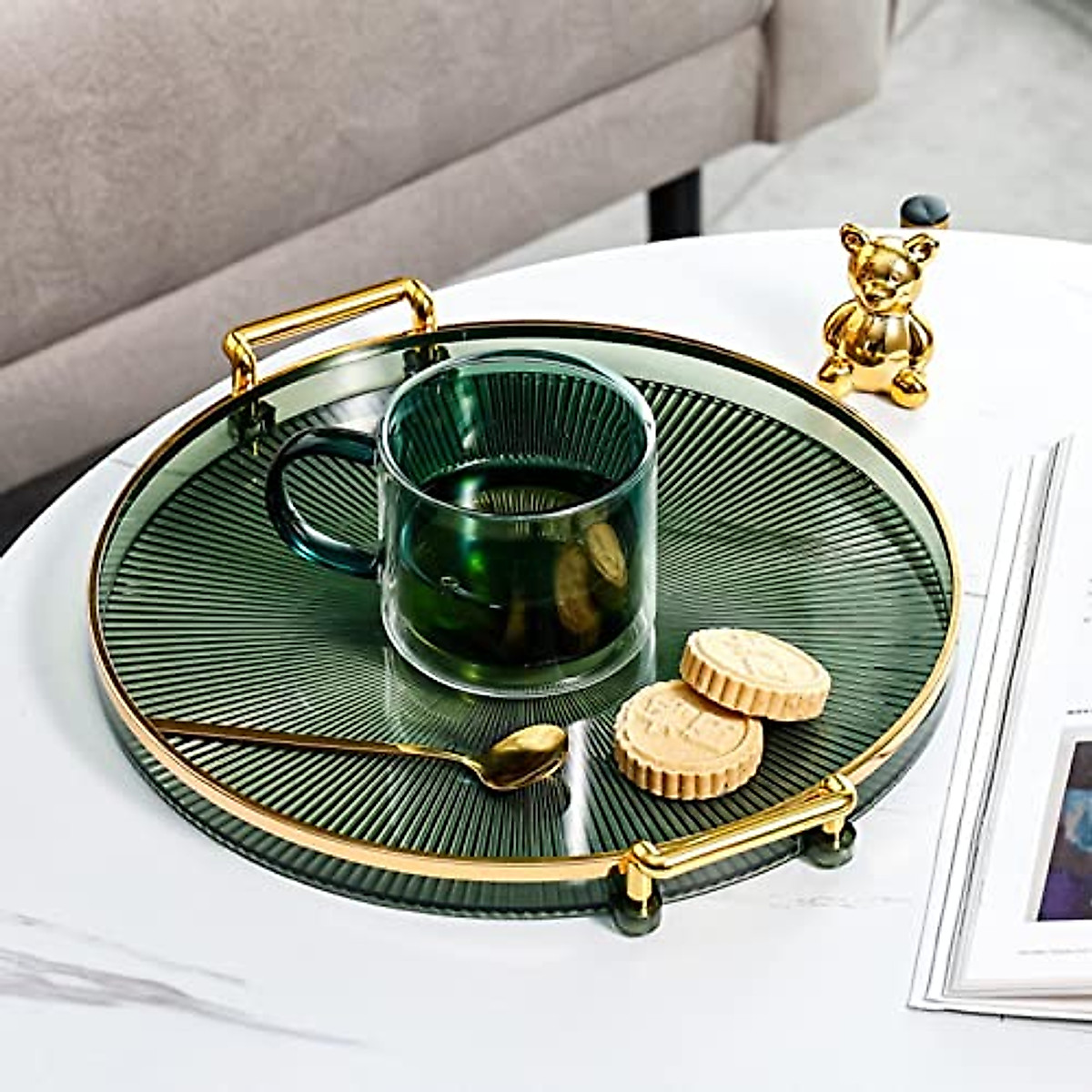 Luxury Serving Tray, with Handles Cosmetic Perfume Makeup Display Multifunction Decorative Decorative Tray, Jewelry Tray for Living Room, Green