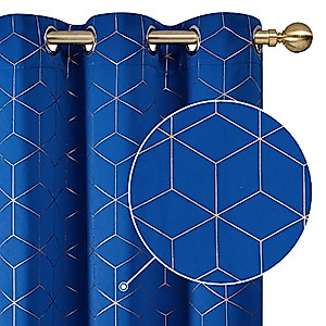 Deconovo Blackout Curtains Gold Diamond Foil Print Room Curtains 42W x 72L Inch, Thermal Insulated Noise Reducing Window Grommet Drapes Living Room Royal Blue 2 Panels