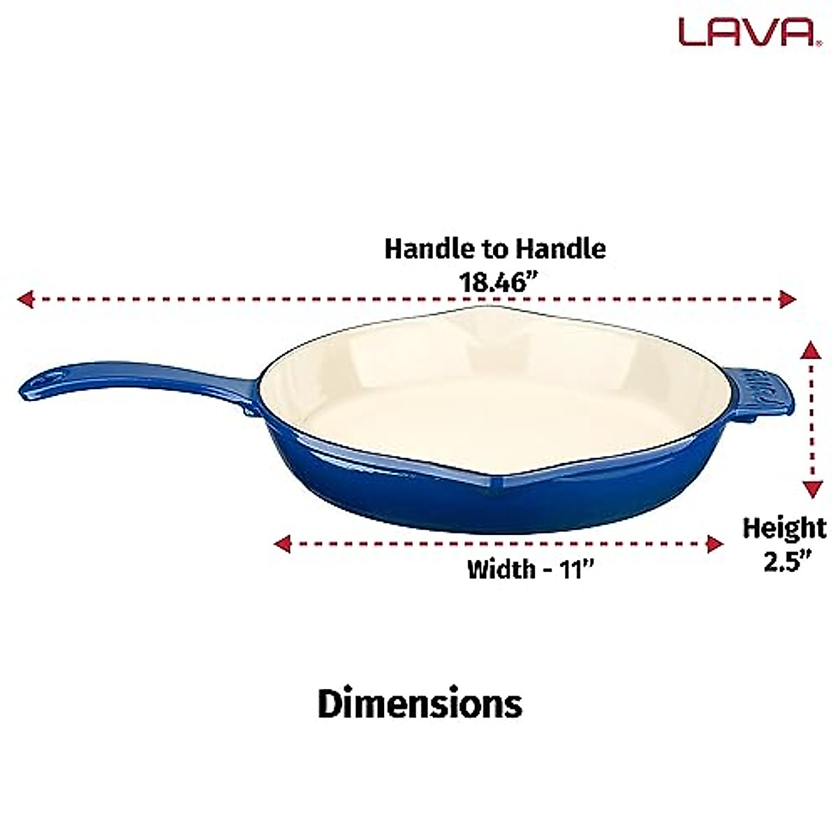 Lava Enameled Cast Iron Ceramic Skillet with Side Drip Spouts - 11 inch Round Frying Pan with White Ceramic Enamel Coated Interior - Edition Series (Blue)
