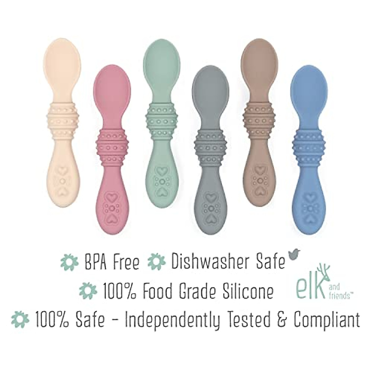 Elk and Friends Silicone Baby Spoons | First Stage Infant Toddler Spoon | Baby Led Weaning Stage | Dishwasher Safe