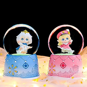 Cartoon Snow Globe Music Box, 80MM Musical Snow Globe with Color Changing LED Lights for Girlfriend Wife Girls Daughter Birthday (Blue)