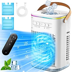 TEMEIKE 4-IN-1 Personal Air Conditioner w/Remote, 2 Ice Packs, 1200ML Tank, 7H Timer for Smart Auto-Off,2 Cool Mist,3-Speed Small Portable Air Conditioner, 7-LED Light Evaporative Air Cooler for Room