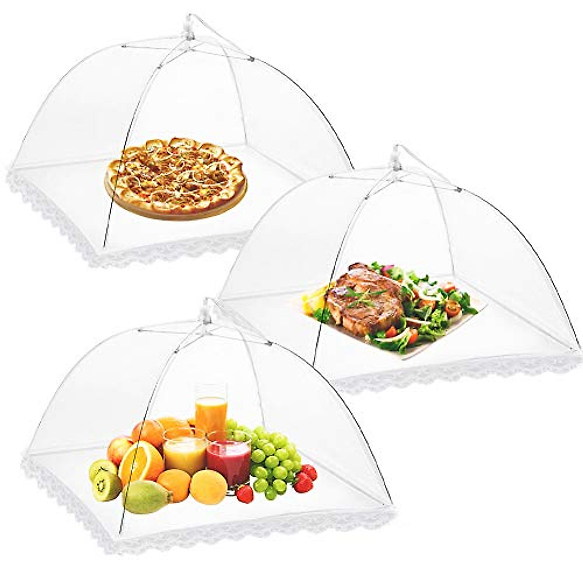 Onarway 3 Pack Food Covers 14 Inch Pop-Up Encrypted Mesh Plate Serving Tents, Fine Net Screen Umbrella for Outdoors, Parties, Picnics, BBQs, Reusable and Collapsible