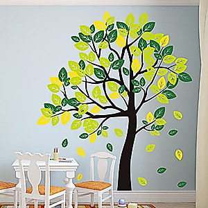 RW-2882 Giant Green Tree Wall Decals Big Tree Branches Leaf Wall Stickers DIY Removable Large Leaves Family Phote Art Wallpaper Decor for Kids Women Bedroom Living Room Nursery Office Home Decoration