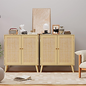 EOYUTLLY Sideboard Buffet Cabinet, Kitchen Buffet Storage Cabinet with Rattan Doors, Accent Cabinet with Adjustable Shelves for Hallway,Kitchen,Living Room, 31.5 x 15.7 x 35 Natural, Assemble Easily