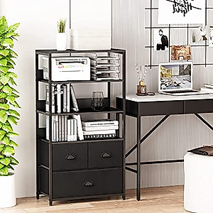 Furologee 4-Tier Bookshelf with 3 Drawers, Vertical Dresser Organizer, Black Storage Shelf for Books, Photos, Decorations in Living Room, Office, Bedroom,Kitchen, Sturdy Metal Frame,Wood Top