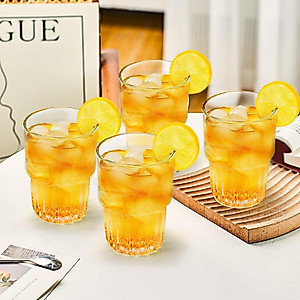 DEAYOU 6 Pack Drinking Glasses Set, 12 OZ Clear Striped Iced Tea Water Glass Cup, Stackable Rocks Glasses, Thick Tempered Glass Tumbler with Heavy Base for Juice, Milk, Cocktail, Spirits, Daily Use