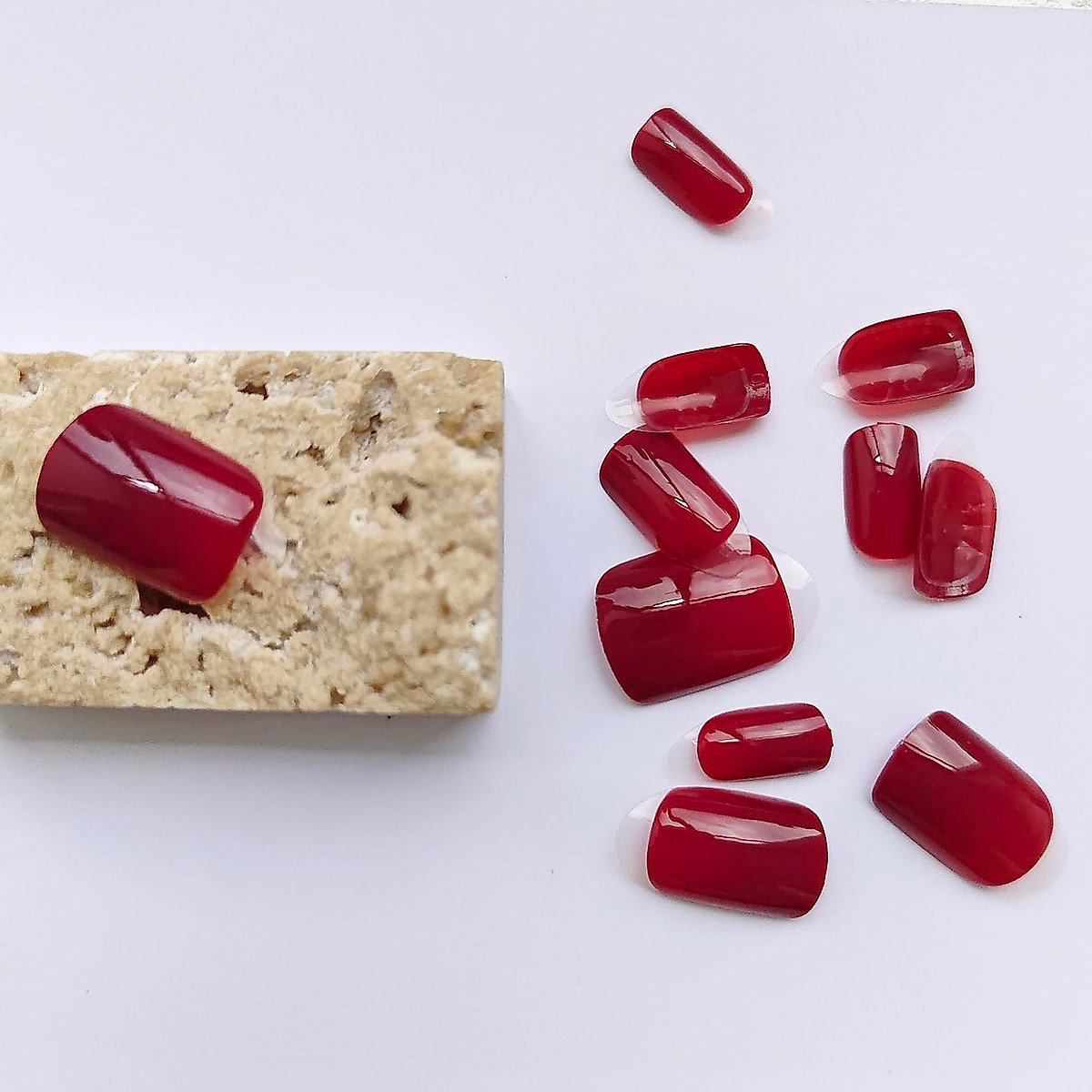 Red Press on Nails Square Fake Nails Short Glossy False Nails Natural Shape Acrylic Nails Pre-glued Full Cover Nails Uñas Postizas for Women and Girls 24PCS