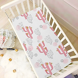 KICPOAY Fitted Crib Sheets Pink Cactus Stretchy Portable Playard Sheets for Baby Toddler, Breathable Soft Mini Crib Mattress 52 x 28 in for Boys and Girls