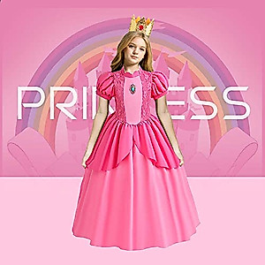 MOAGIS Kids Girl Princess Peach Costume Pink Dress Halloween Dress up Outfits with Crown Gloves Costumes for Girls, 4-5Y