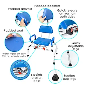 iLIVING ILG-668 Tub Transfer Bench Shower Chair for Inside Shower with Easy Access Swivel Padded Seat and Pivoting Arms, and Adjustable Height for Handicap and Seniors, Blue