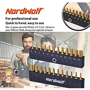 NordWolf 12-Piece Torx Bit Set, Titanium Nitride Coated 6 Point Screwdriver Star Bits Made From S2 Alloy Steel, Sizes T5 to T40