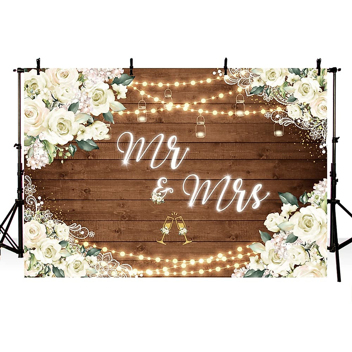 MEHOFOND 7x5ft White Floral Mr & Mrs Engagement Decorations Backdrop Couples Wedding Wooden Background Bride and Groom Engaged Ceremony Anniversary Bridal Shower Party Supplies Photobooth Props
