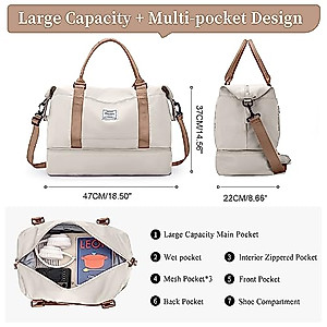 Weekender Bags for Women, Personal Item Travel Bag with Shoes Compartment, Overnight Travel Duffel Bag with Wet Pocket & Trolley Sleeve,Gym Bag,Beige & Brown