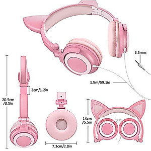 Sunvito cat Ear Headphones, On-Ear Kids Headphones Wired LED Lights 3.5mm Jack, 85dB Volume Control Kid Earphones for School, Foldable Headphones for Kids Headphones (Pink)