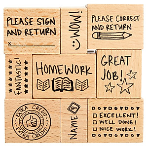 9 Piece Set of Wooden Rubber Teacher Stamps - Classroom Supplies for Grading Homework (Assorted Sizes)