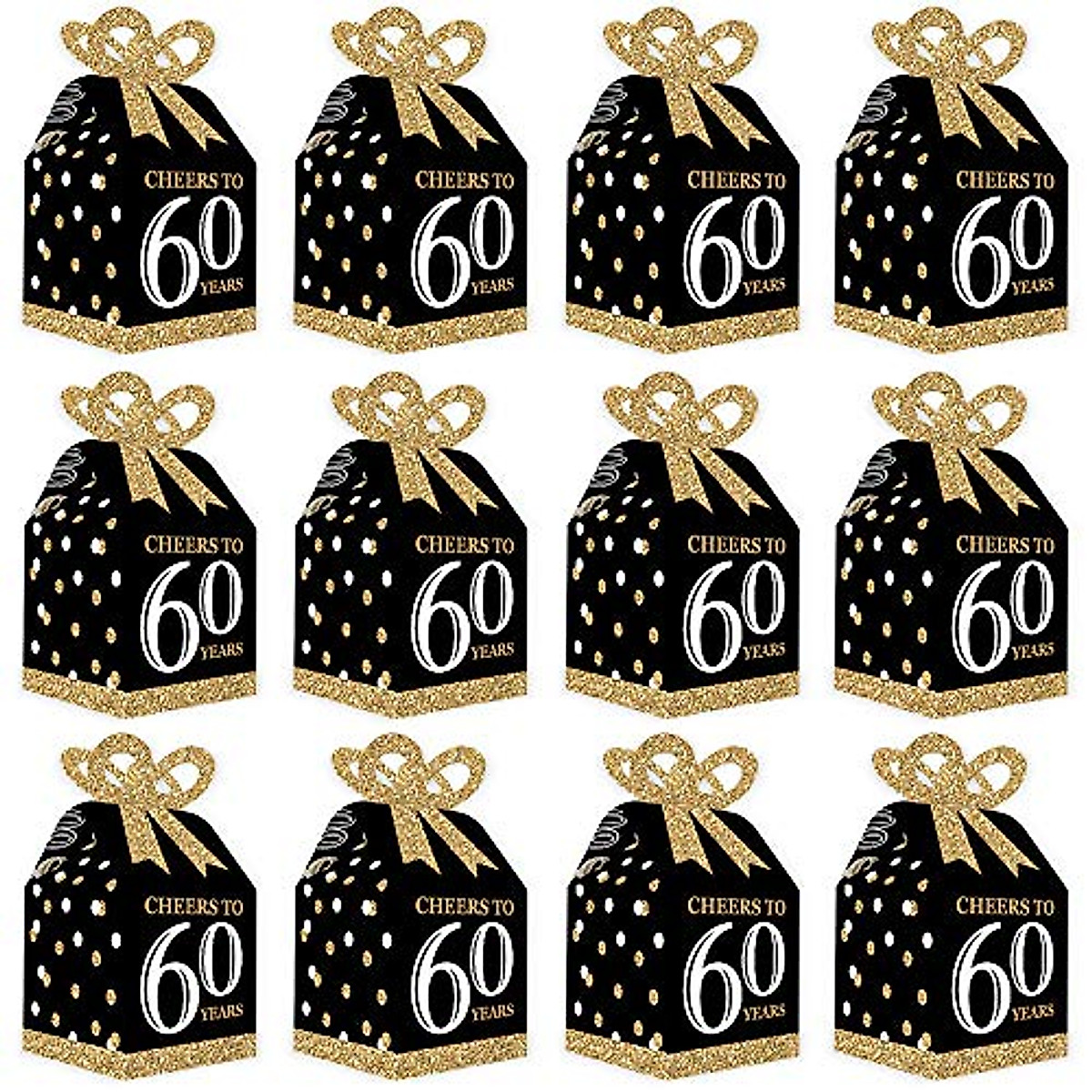 Big Dot of Happiness Adult 60th Birthday - Gold - Square Favor Gift Boxes - Birthday Party Bow Boxes - Set of 12