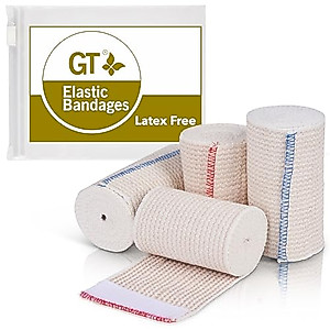 Premium Elastic Bandage Wraps (4"x2, 3"2) - Made of Grown Organic Cotton - Hook & Loop Fasteners at Both Ends - GT Latex Free Hypoallergenic Compression Roll for Sprains & Injuries