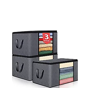 3-Pack Clothes Storage Organizer, Large Capacity Blanket Storage Bags with Reinforced Handles & Sturdy Zippers, Foldable Clothing Storage Organizer Container for Comforters, Blankets, Bedding (Grey)