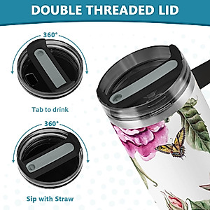Yasala Car Tumbler with Handle Peony Butterfly Watercolor Travel Mug Coffee Cup Insulated Beverage Container Mega Cup for Hot Cold Drinking Thermos Water Bottle Cupholder Friendly 40 oz
