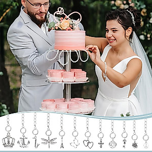 FINGERINSPIRE 12Pcs 10Inch White Individual Pearl Beaded Wedding Cake Pulls 12Style Wedding Cake Charm Pull with Alloy Silver Charm Bracelet for Birthday Party Wedding Decoration Bridesmaid Luncheon