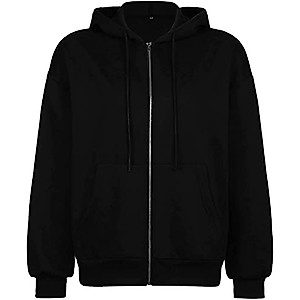 Women's Zip Up Hoodie Long Sleeve Fall Oversized Sweatshirts Casual Drawstring Y2K Hoodies Jacket With Pocket Large Black
