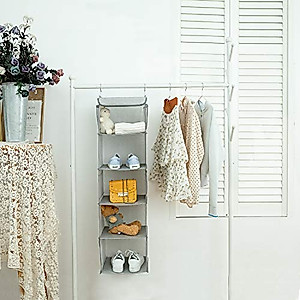 BrilliantJo 5 Shelves Hanging Closet Organizer, 2 Pack Hanging Storage with 6 Side Pockets for Clothes Bags, 43"x12"x12"(Light Gray)