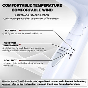 Lightweight Small Compact Hair Dryer with Folding Handle, Mini Travel Hair Dryer, Professional Salon Negative Ionic Folding Blow Dryer 3 Settings (White)