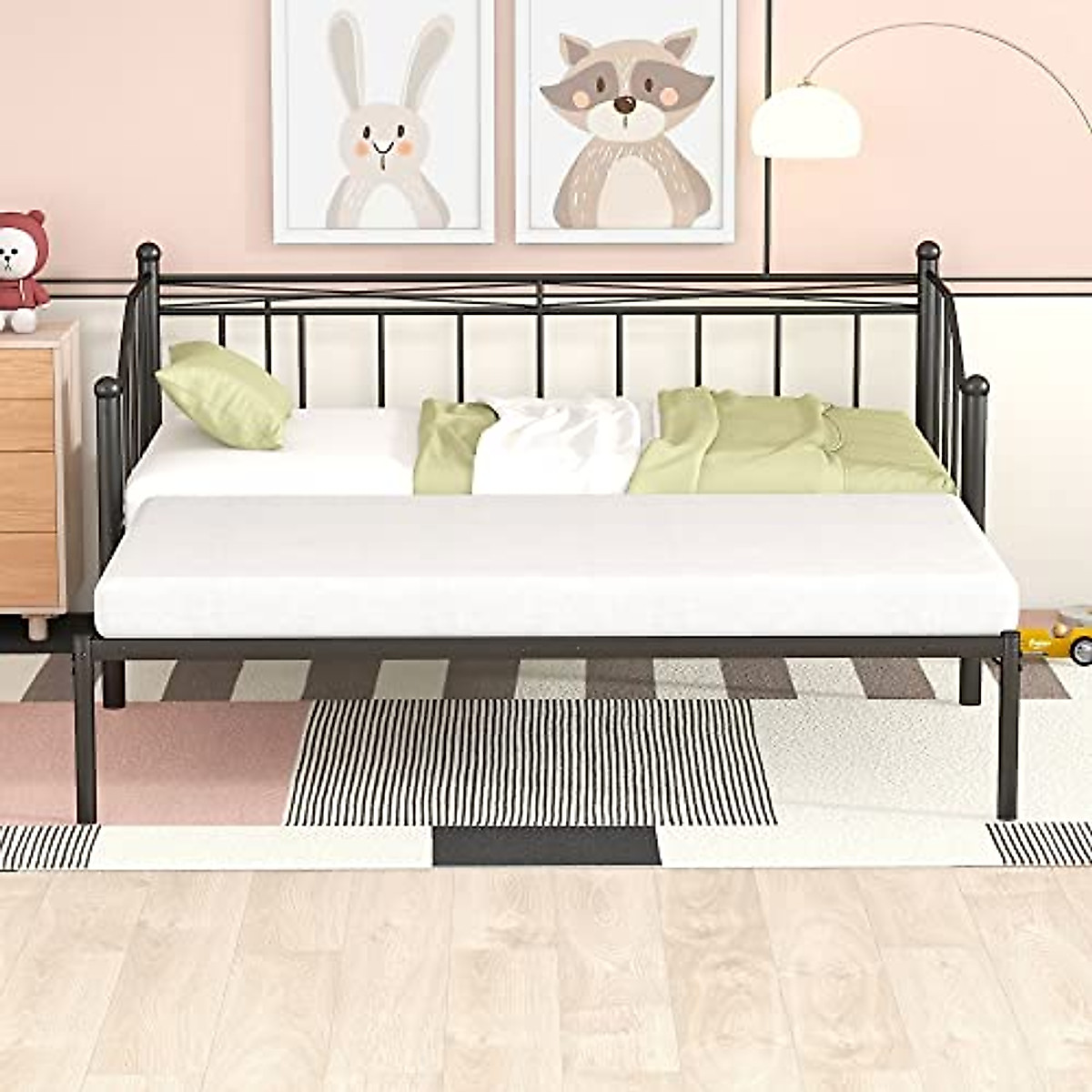 SOFTSEA Twin Size Metal Daybed with Trundle, Heavy Duty Daybed with Pop Up Trundle for Teens Adults Guests, Extendable Daybed Twin to King Size, No Box Spring Needed (Black)