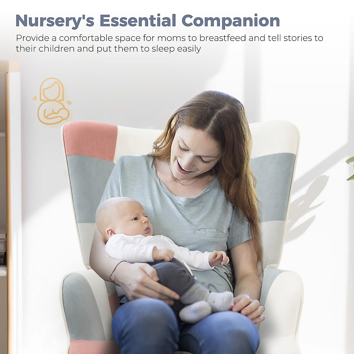 Tatub Rocking Chair Nursery, Upholstered Rocking Chair Indoor with High Backrest and Wooden Base, Modern Glider Chair for Nursery, Living Room, Bedroom, Office （Patchwork Linen Pink）