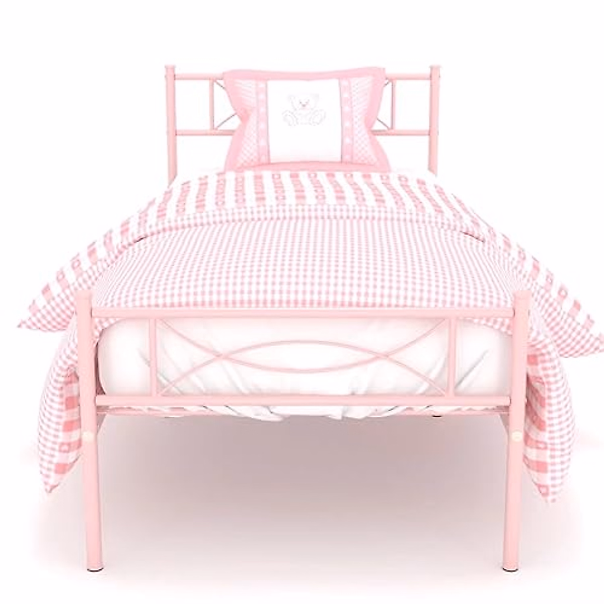 Pink Twin Bed Frame for Girls, Bed Mattress Foundation Support with Headboard and Footboard No Box Spring Need Metal Platform Bed