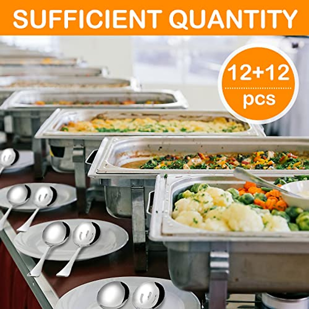 Wilzing 24 Pieces 8.5 Inch Serving Spoons Set Including 12 Serving Spoon and 12 Slotted Spoons Stainless Steel Buffet Serving Utensils for Christmas Kitchen Cooking Banquet, Mirror Polished, Silver