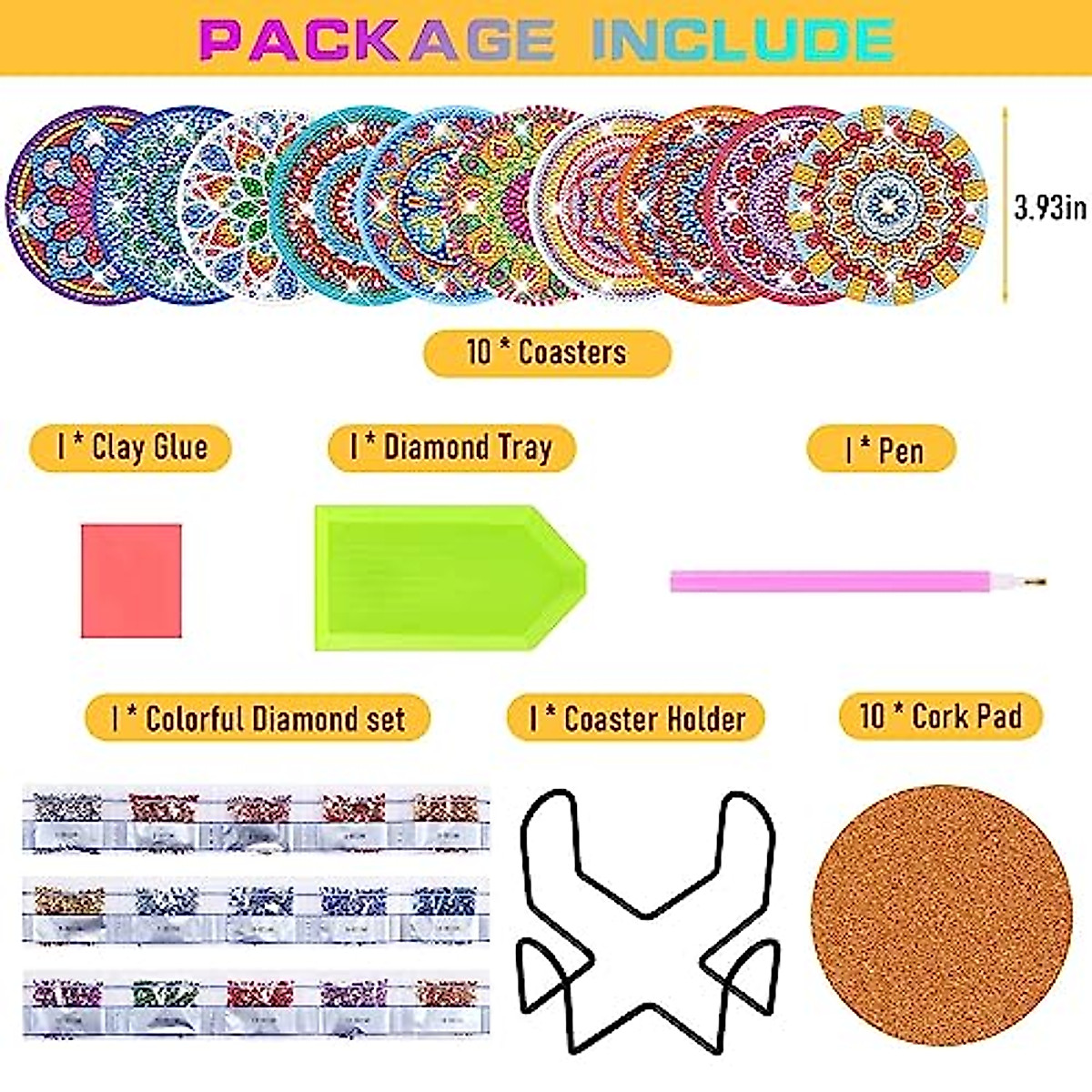 10 Pcs Diamond Painting Coasters with Holder, Mandala DIY Diamond Art Coasters Kits for Adults Kids Beginners Art Craft Supplies