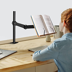 wishacc Book Stand with Clamp, Aluminum Alloy and Bamboo Material Build, Table Side Design, Height Adjustable, Desktop Reading Mount Holder with Sturdy Page Clips (11 x 8.1 Inches)