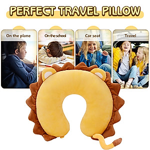 H HOMEWINS Travel Pillow for Kids Toddlers - Soft Neck Head Chin Support Pillow,Cute Animal in Any Sitting Position for Airplane,Car,Train,Machine Washable,Children Gifts(Lion)