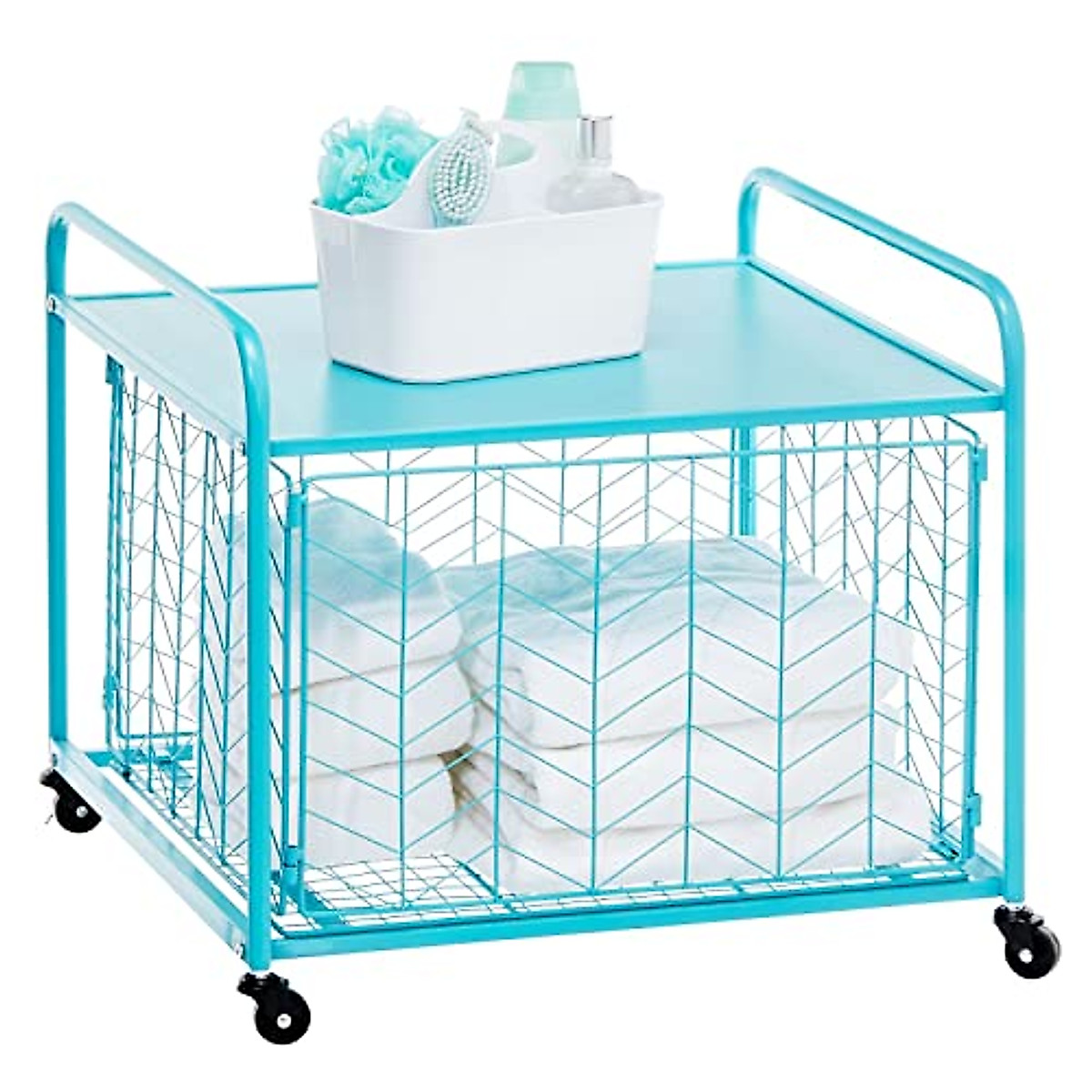 mDesign Small Portable Mini Fridge Storage Cart with Wheels and Handles - Mobile Refrigerator, Microwave, Appliance Platform Table with Drawer Basket for Dorm Room, Studio, Apartments - Ocean Blue
