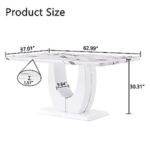 63" Marble Dining Table, Luxurious Dining Room Table with 1.57" Faux Marble Top and U-Shape MDF Pedestal Base, Modern Rectangular Kitchen Dining Table for Living Room Dining Room