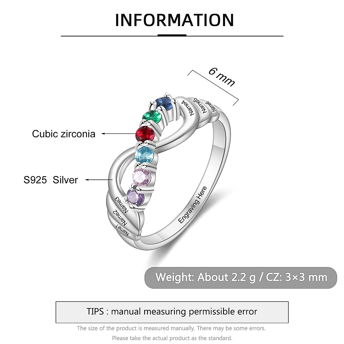 Customized Mother Infinity Name Rings with 6 Simulated Birthstones Personalized Stacking Family Promise Sterling Silver Rings for Women (7)