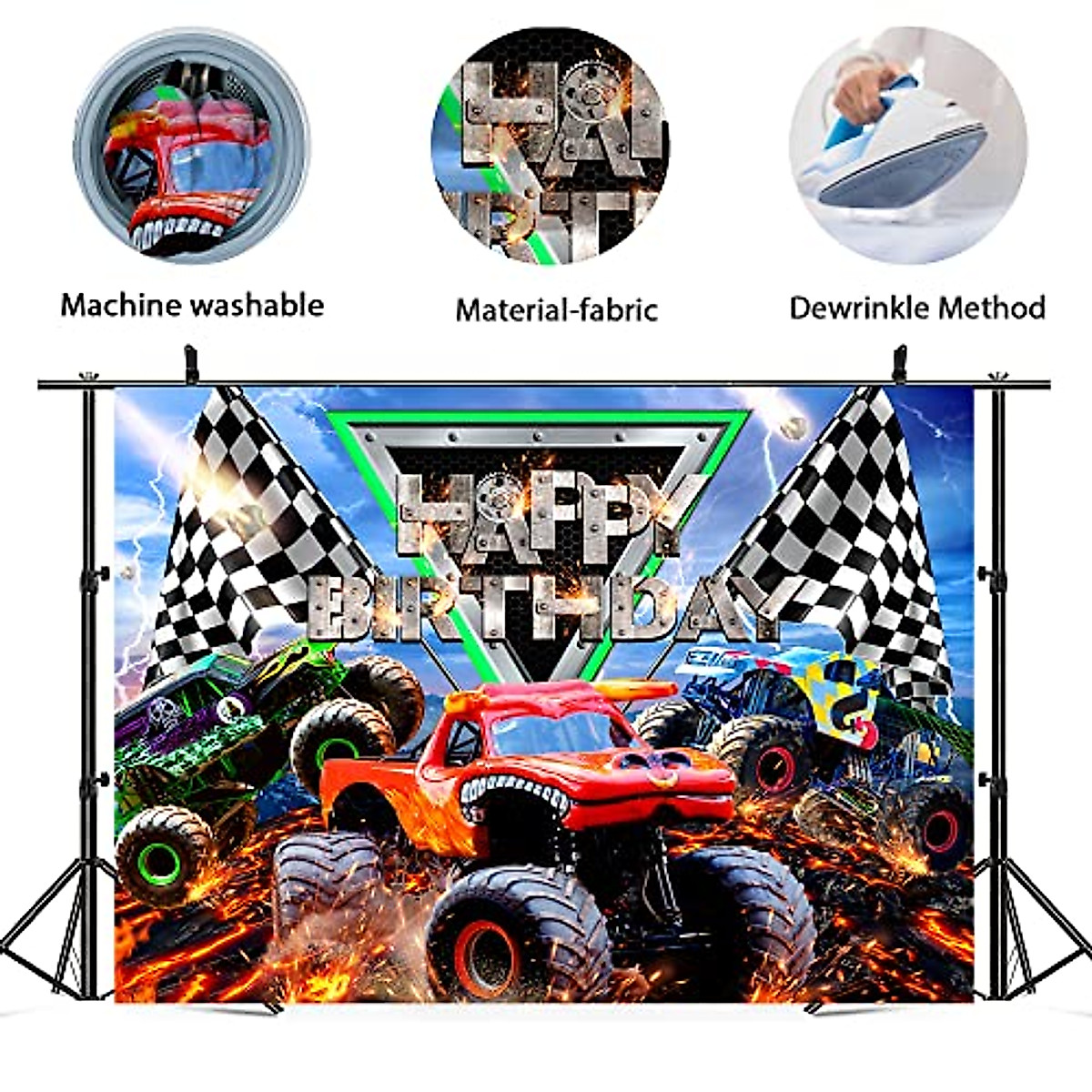 Newsely Truck Themed Birthday Party Backdrop 7Wx5H Monster Boys Kids Happy Birthday Background Photography Jam Burning Flame Car Grave Digger Party Decorations Banner Photo Booth Props Supplies