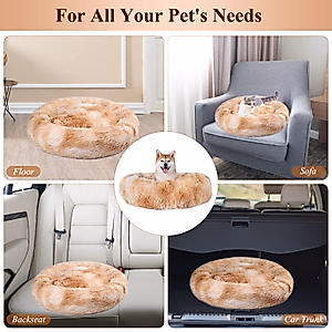 VIVAGLORY Plush Dog Bed, Fluffy Pet Bed, Self-Warming Dog Cat Calming Bed with Removable Middle mat, Suitable for Cat & Tiny Dog, Gradient-Beige