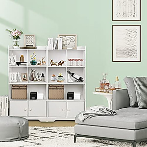 Giantex 4-Tier Bookcase with Doors, 47.5" Tall Freestanding White Bookshelf with 3 Shelves, 4 Cubes Storage Cabinet Organizer for Kids Room Office Living Room Bedroom Study