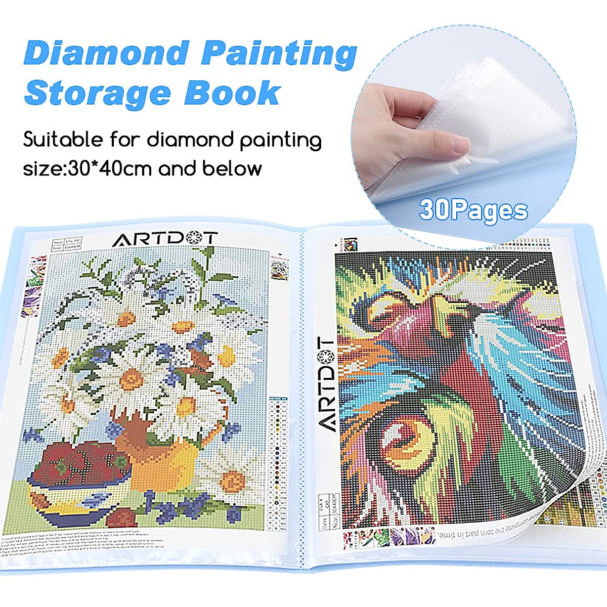 A3 Diamond Painting Storage Book for Diamond Painting Kits Diamond Art Storage Presentation Book Diamond Art Portfolio Folder with 30 Pocket Slevees Protectors(Blue)