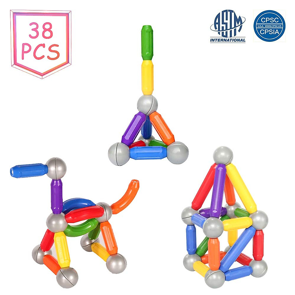 Bmag 38 PCS Magnetic Balls and Rods Set, Magnet Building Sticks Set, Building Blocks Tiles, STEM Stacking Toys for Kids,Juniors,Toddlers