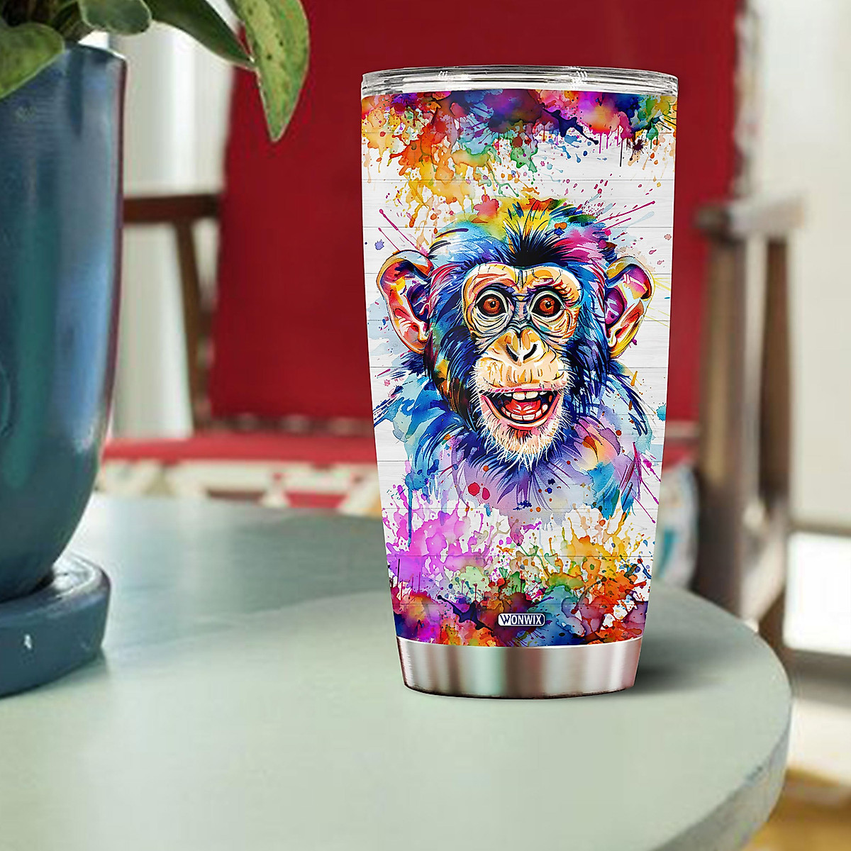 WONWIX Personalized Monkey Tumbler Gifts for Women Monkey Lover Custom Name Watercolor Coffee Cup Travel Mug Gift for Her Girls 20oz Insulated Stainless Steel With Lid